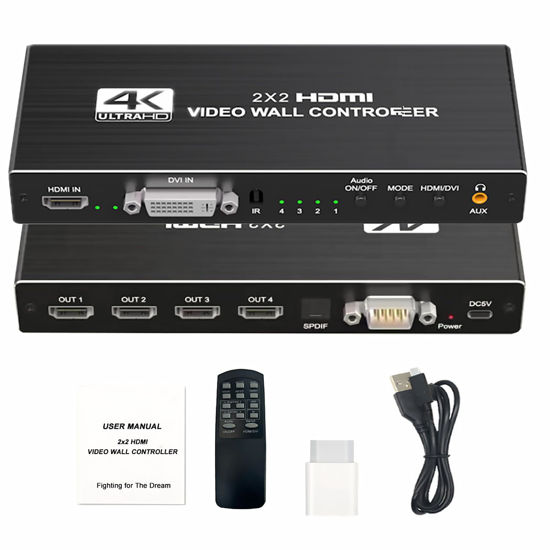 GetUSCart- 1x4 2x2 HDMI Video Wall Controller, 4K 60Hz with HDMI+DVI+RS232 Input, 180 Degree ...