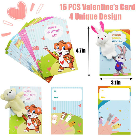 GetUSCart- Valentines Day Cards for Kids, 16 Packs Animal Finger Puppet ...