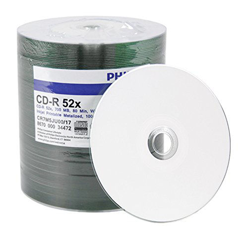 GetUSCart- PHILIPS 100 CD-R White Inkjet Printable Disc, 52X, 700Mb, 80Min