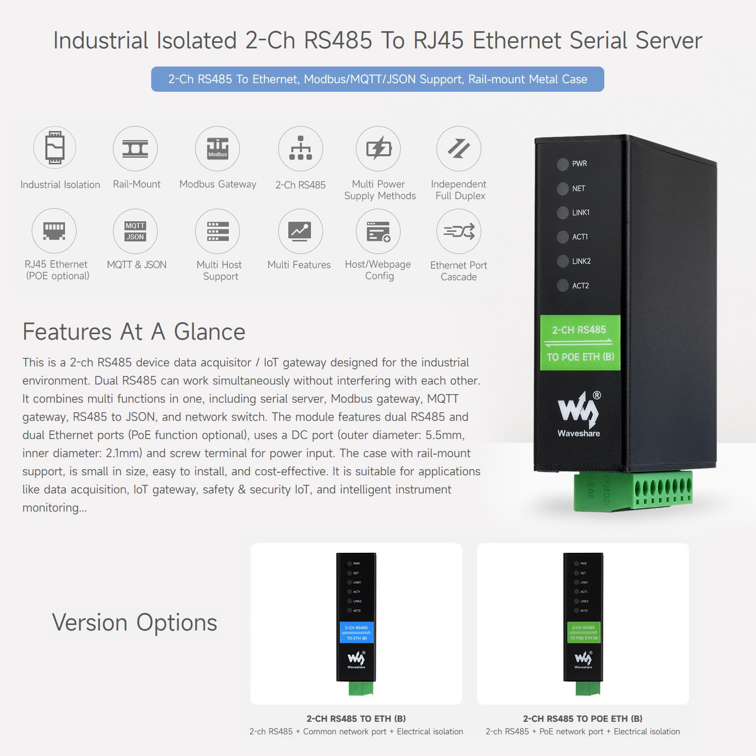 GetUSCart- Waveshare 2-Ch RS485 to RJ45 Ethernet Serial Server, Dual Channels RS485 Independent ...