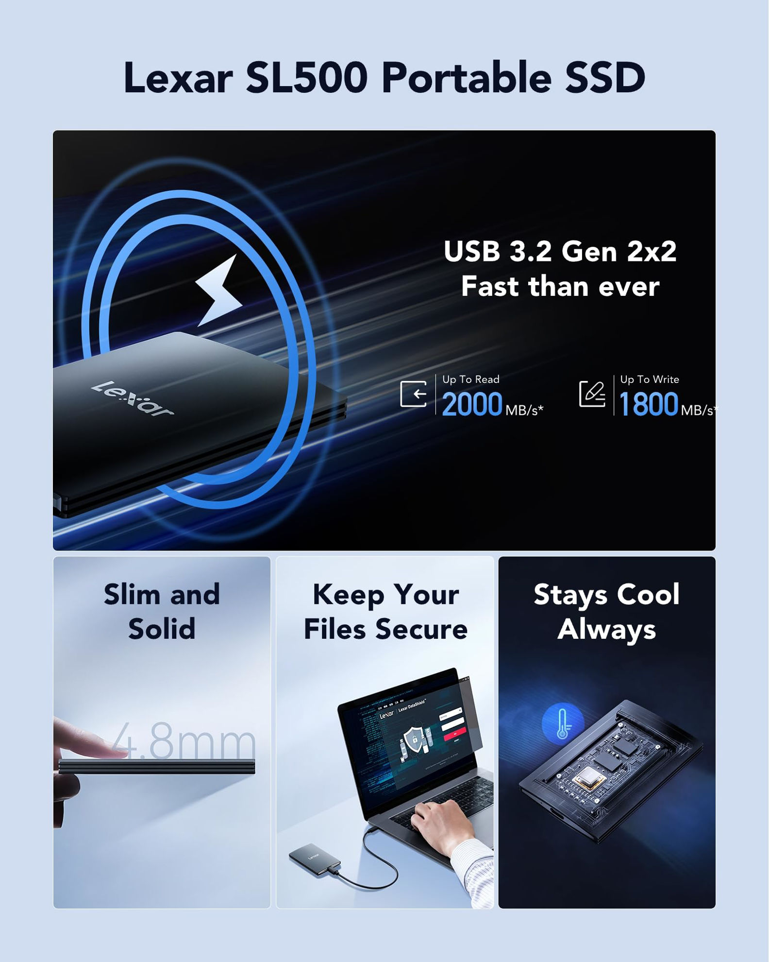 GetUSCart- Lexar SL500 External SSD 1TB, USB3.2 Gen2x2 Portable SSD, PSSD up to 2000MB/s Read ...