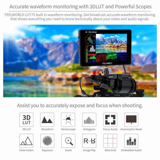 GetUSCart- FEELWORLD LUT7S 7 inch Field Monitor Ultra Bright 2200nit Touch Screen 3D LUT 4K HDMI ...