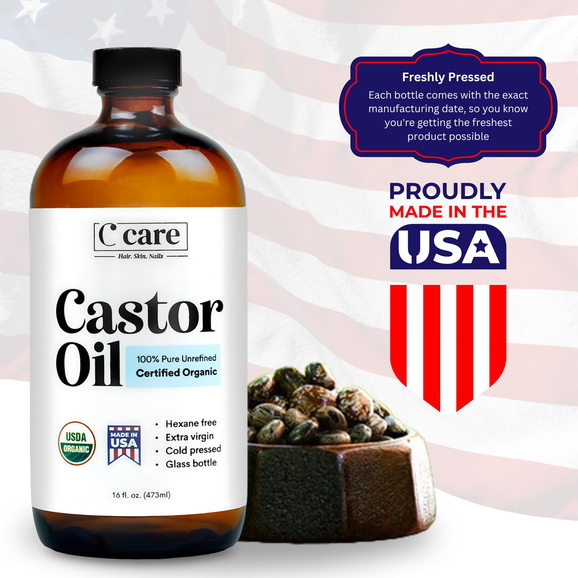 GetUSCart- Castor Oil Organic Cold Pressed Unrefined Glass Bottle USDA Certified 100% Pure ...