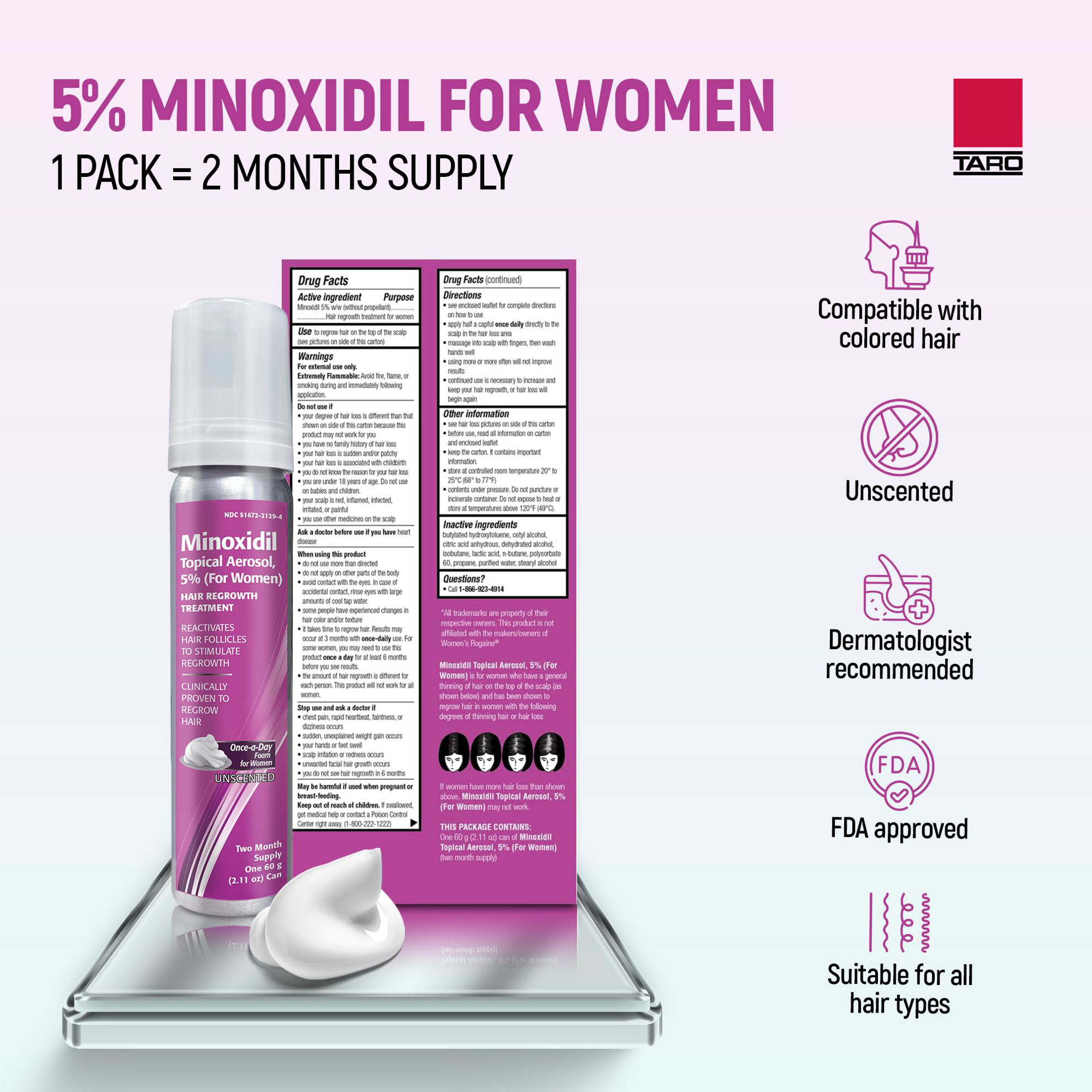 GetUSCart- Taro Minoxidil Topical Aerosol Foam, 5%, Hair Regrowth Treatment for Women, 2.11 oz ...