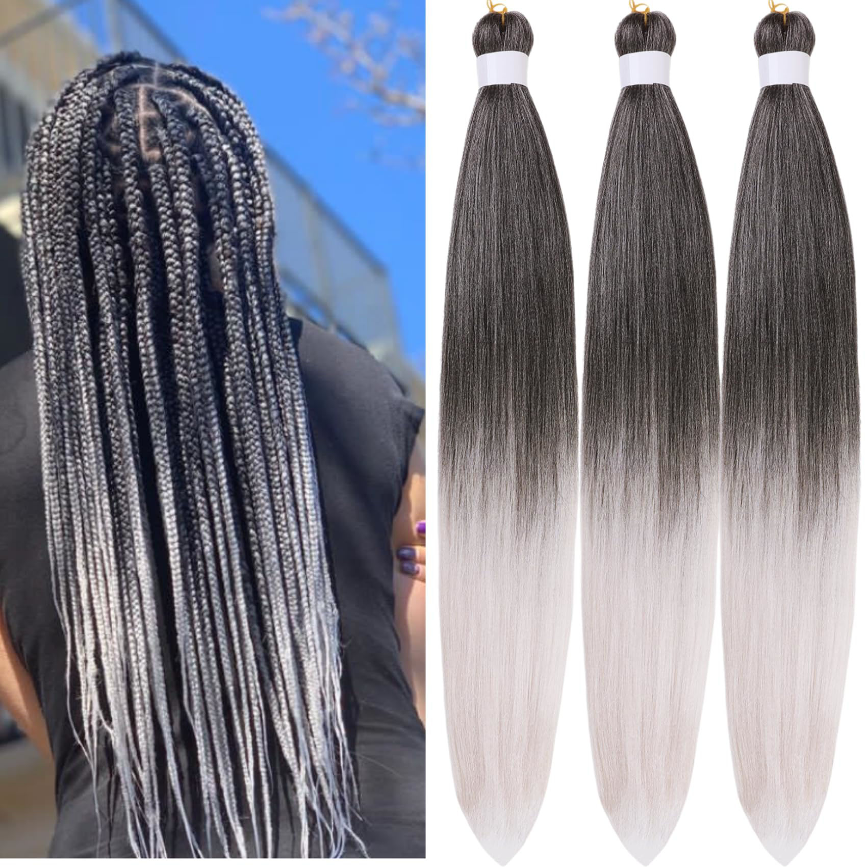 GetUSCart- Silver Grey Braiding Hair Pre stretched Kanekalon Knotless ...