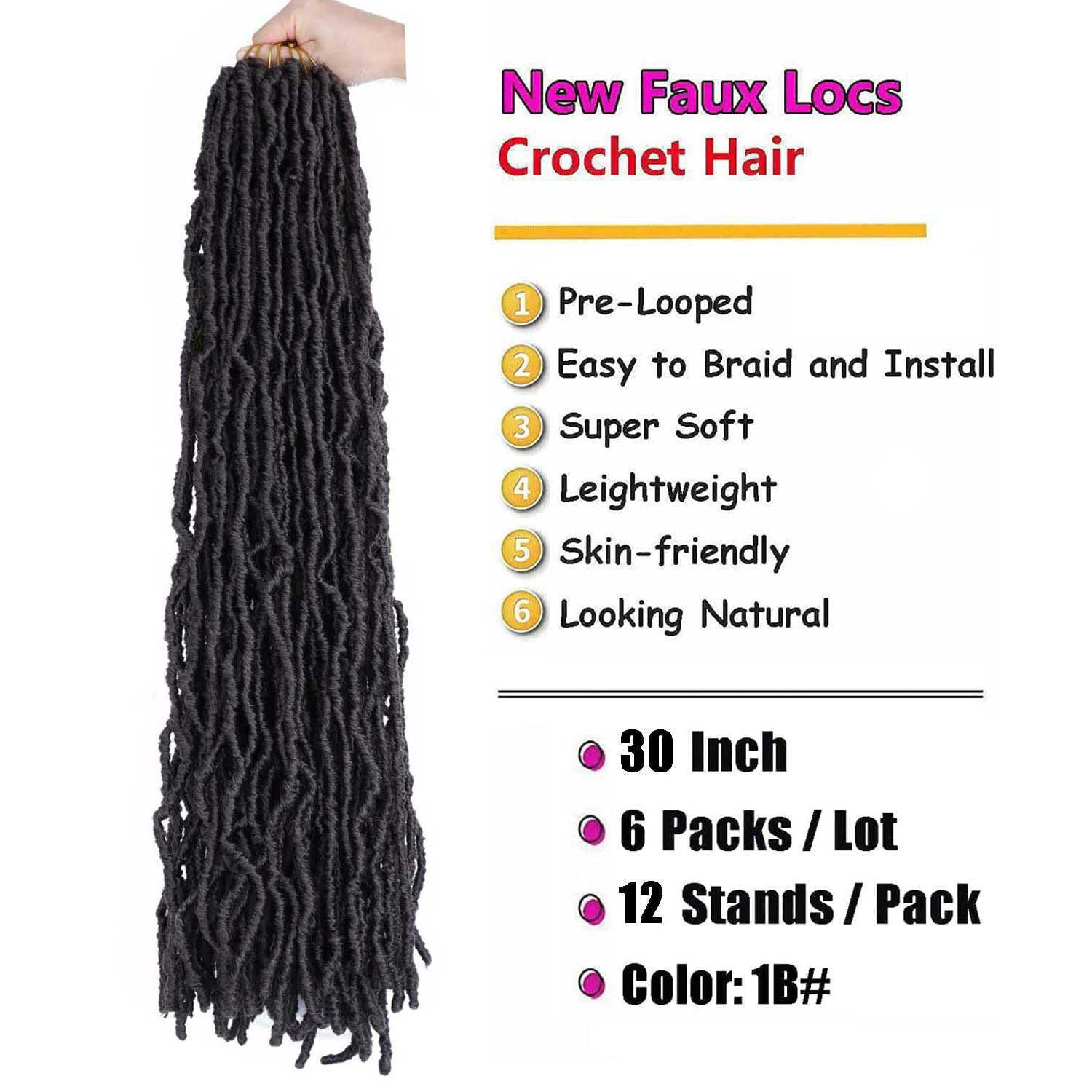GetUSCart- 6 Packs 30 Inch Faux Locs Crochet Hair Prelooped Soft Locs ...