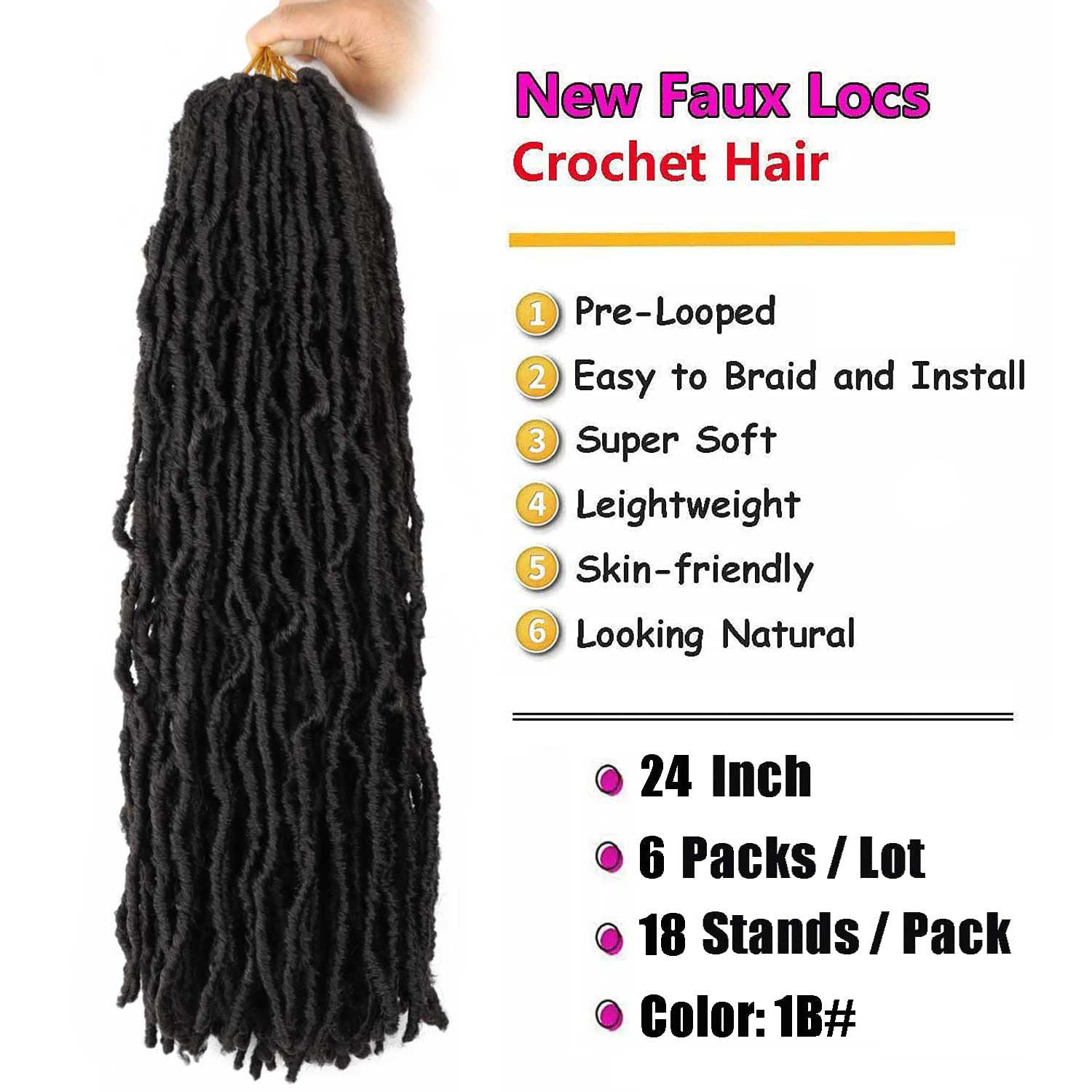 GetUSCart- 24 Inch Faux Locs Crochet Hair Pre Looped 6 Packs Soft Locs ...