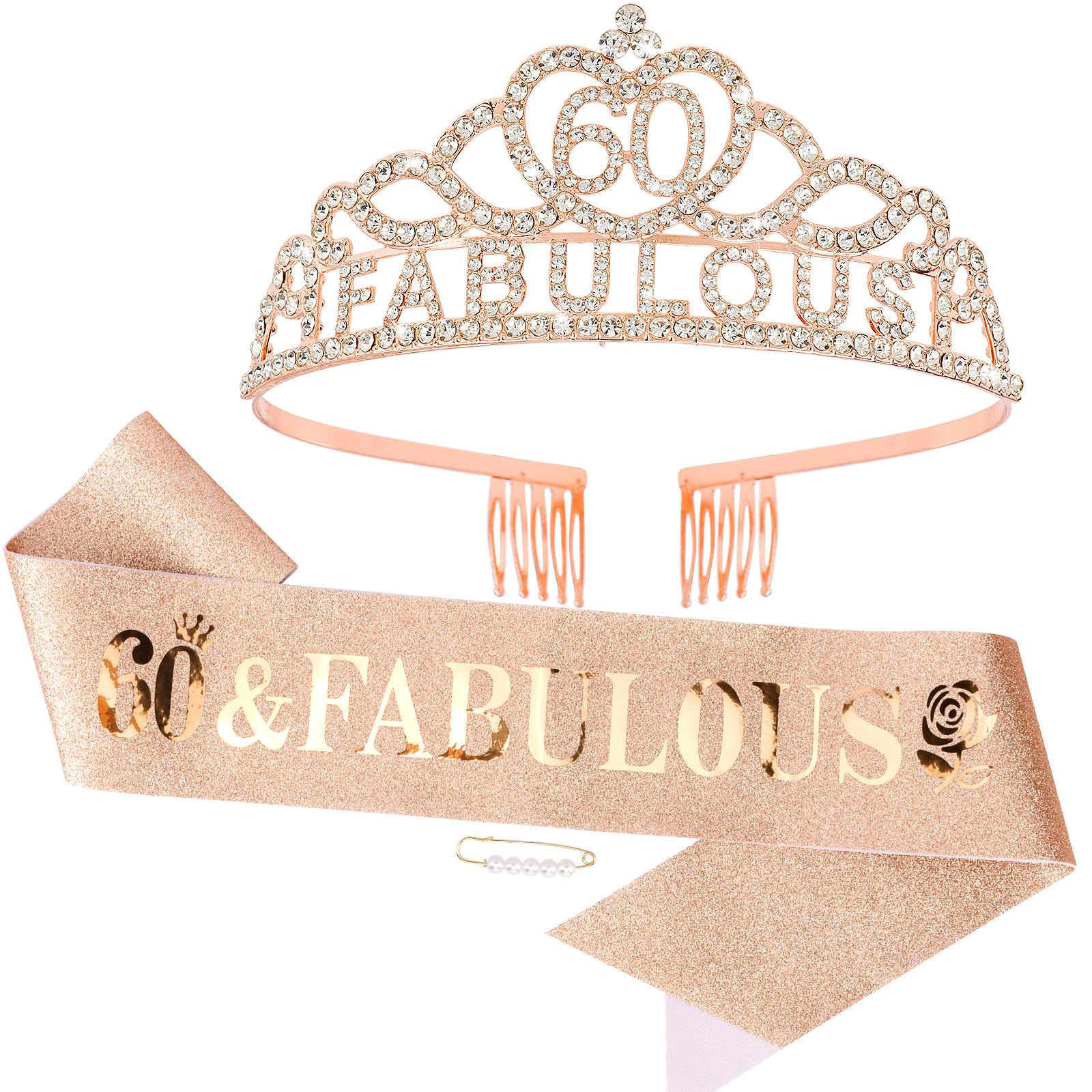 GetUSCart- Vovii 60th Birthday Crown and Sash for Women, Rose Gold 60th Birthday Decorations “60 ...