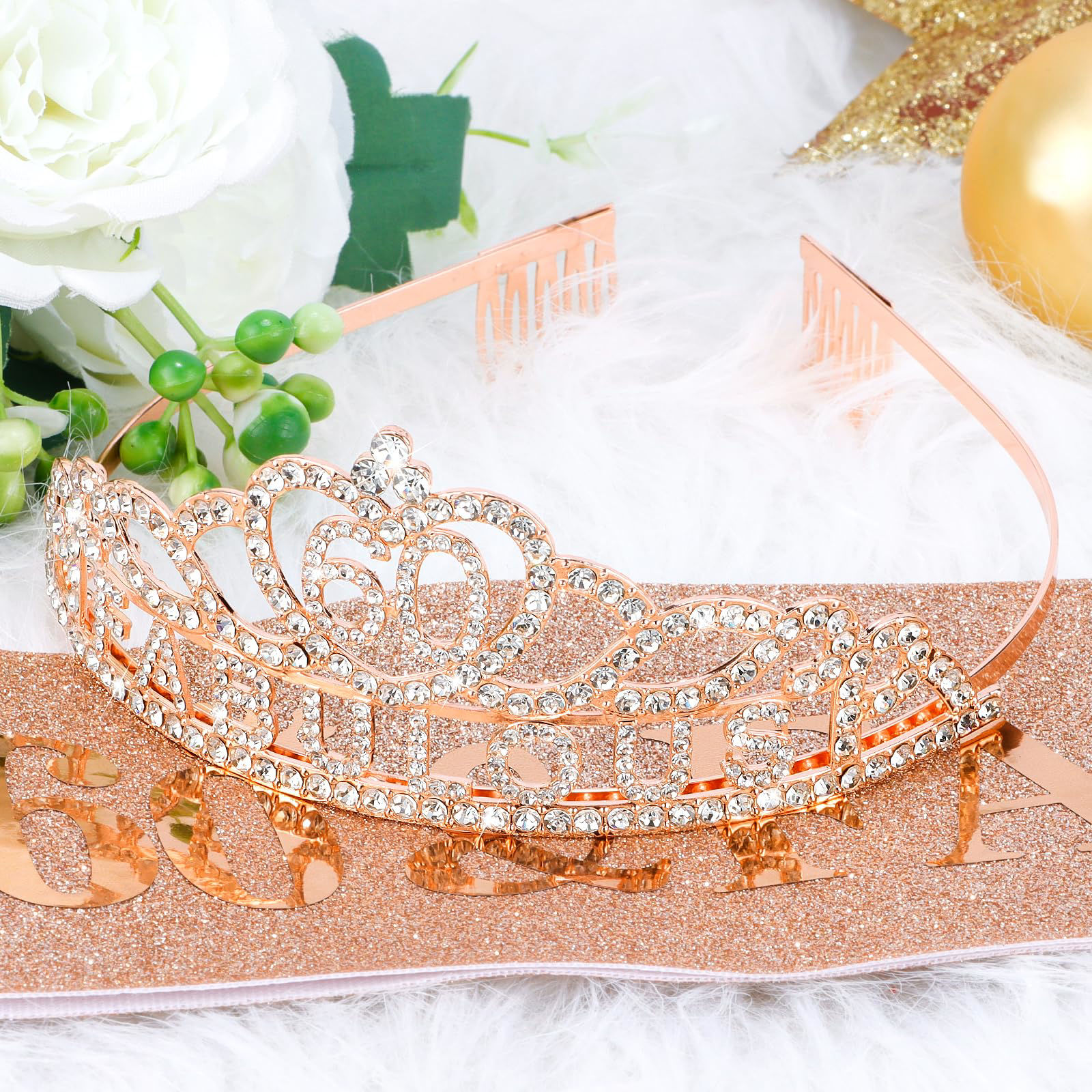 GetUSCart- Vovii 60th Birthday Crown and Sash for Women, Rose Gold 60th Birthday Decorations “60 ...