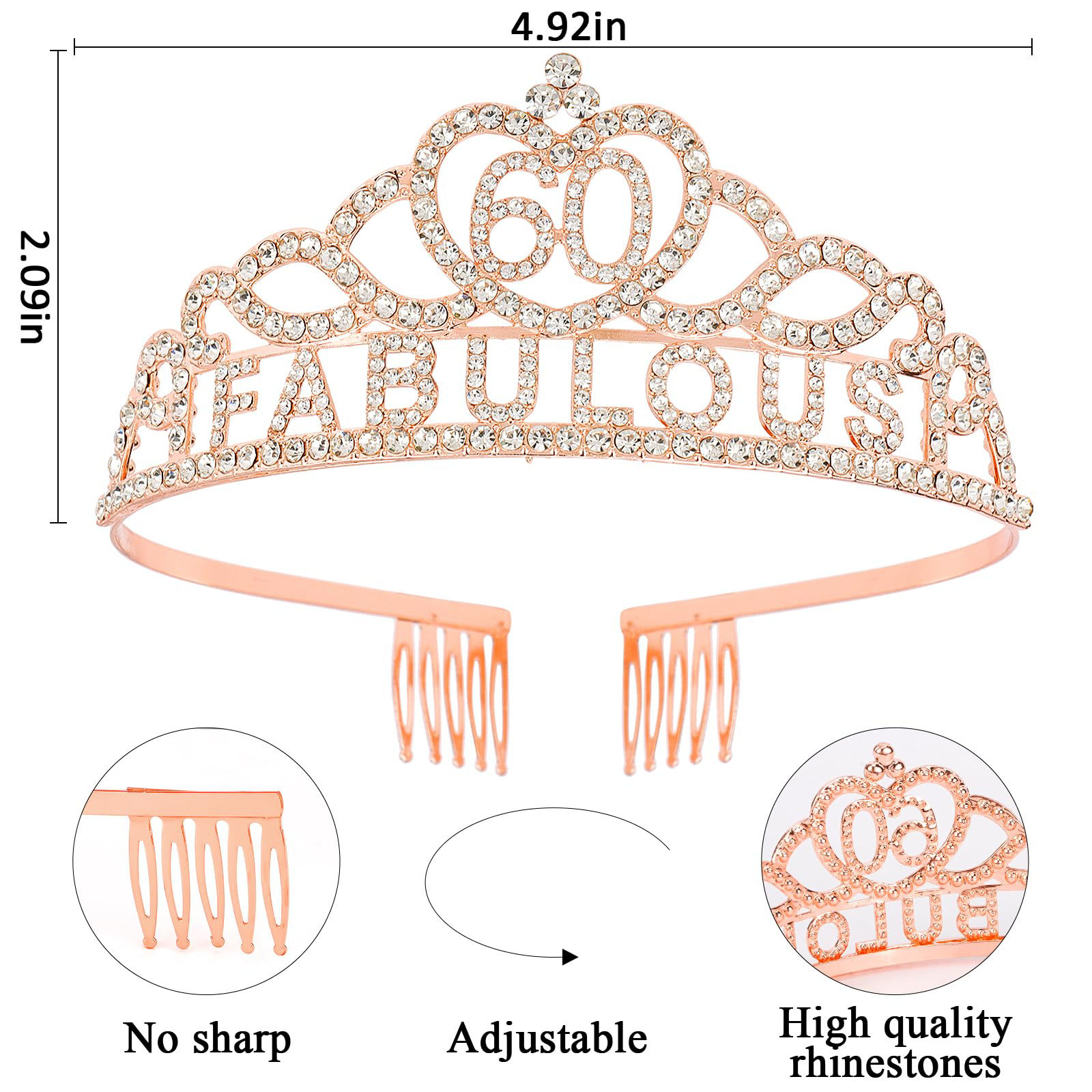GetUSCart- Vovii 60th Birthday Crown and Sash for Women, Rose Gold 60th Birthday Decorations “60 ...