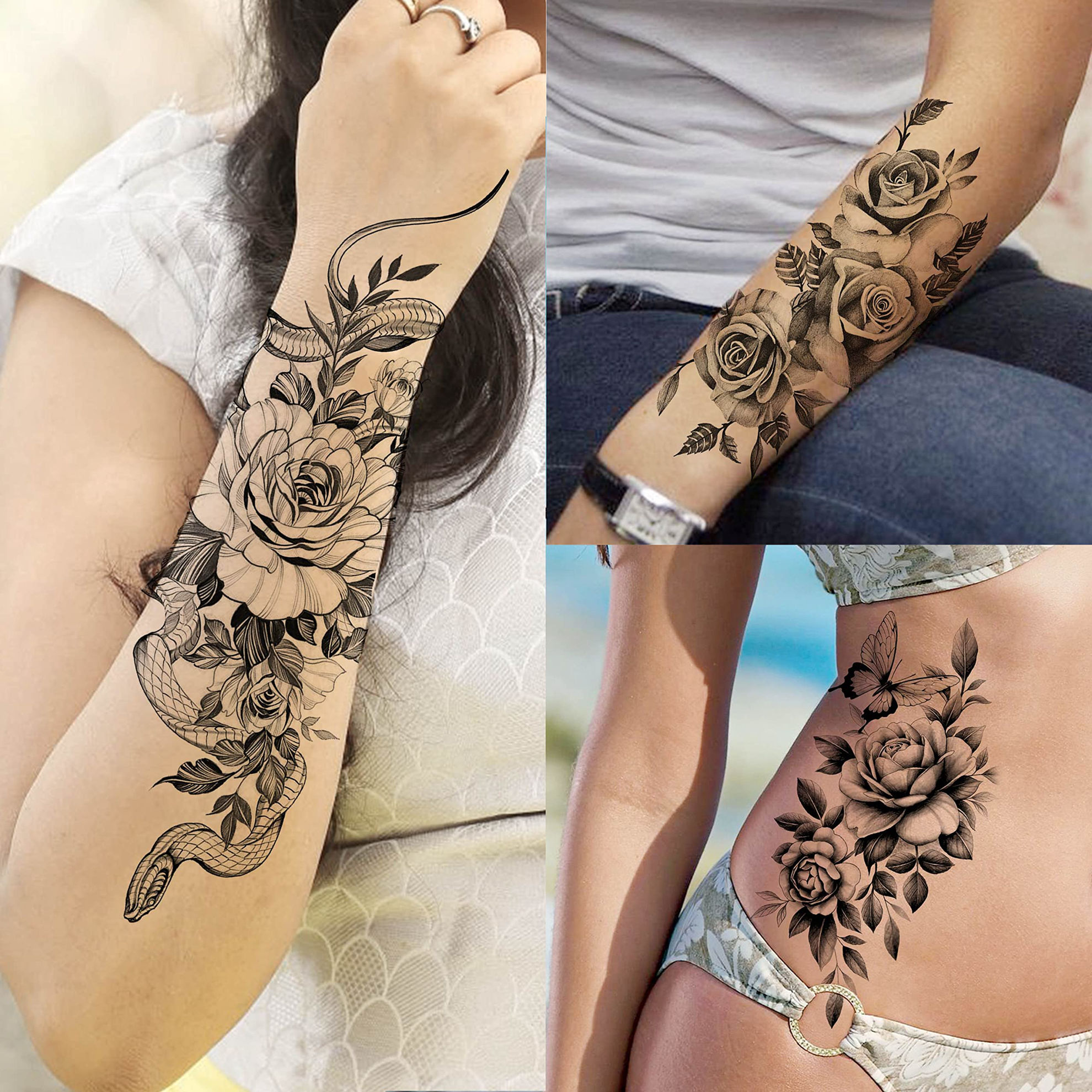 GetUSCart- VANTATY 65 Sheets Black Realistic Flower Temporary Tattoos ...