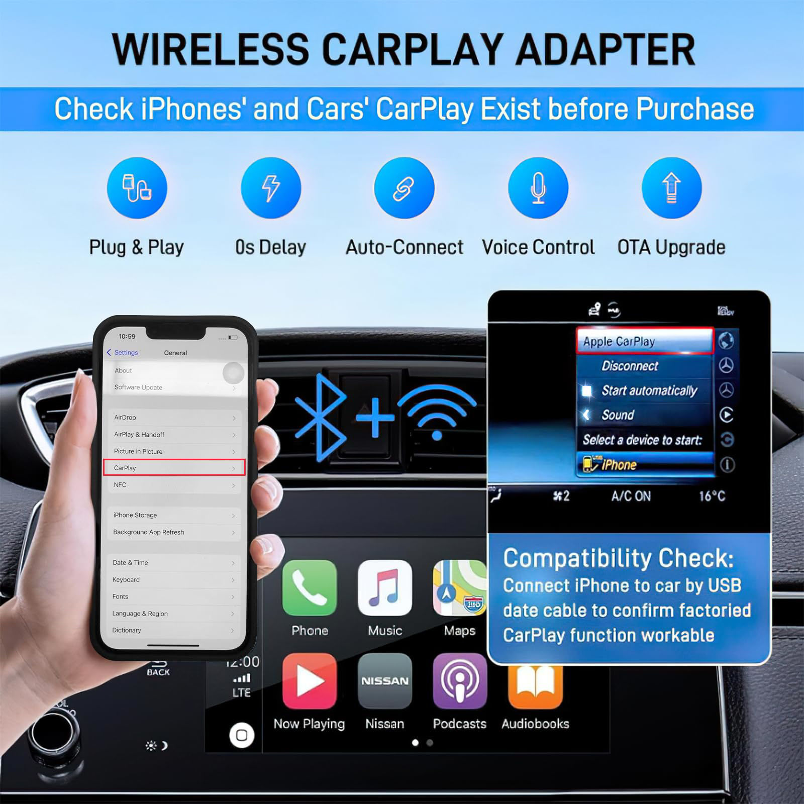 GetUSCart- Wireless CarPlay Adapter for iPhone, 2024 CarPlay Wireless Converter with 5GHz WiFi ...