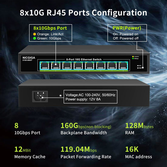GetUSCart- 8 Port 10G Ethernet Switch Unmanaged,with 8X 10Gb Base-T ...