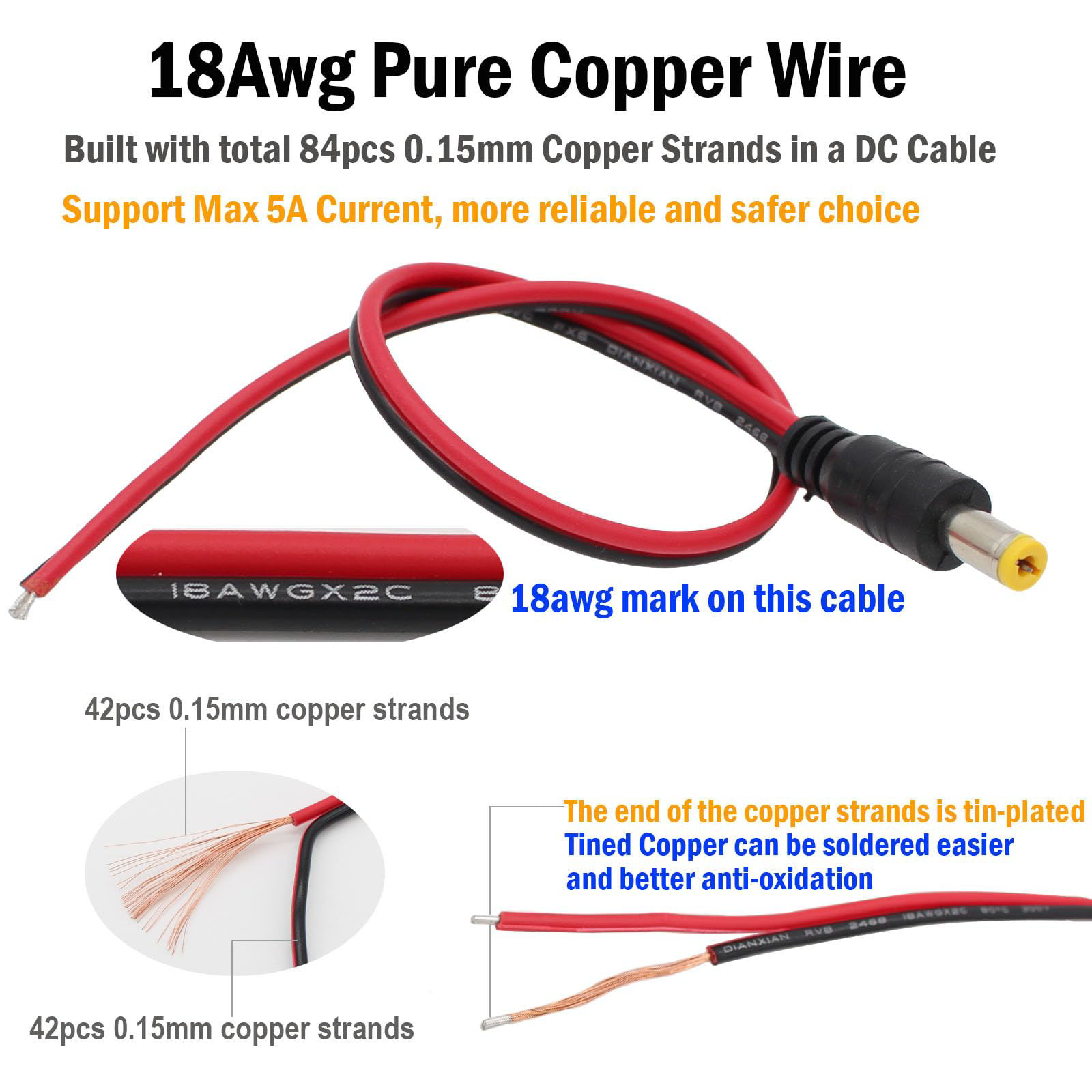 GetUSCart- exgoofit 12V 5A DC Power Pigtail Barrel Plug Connector Cable ...