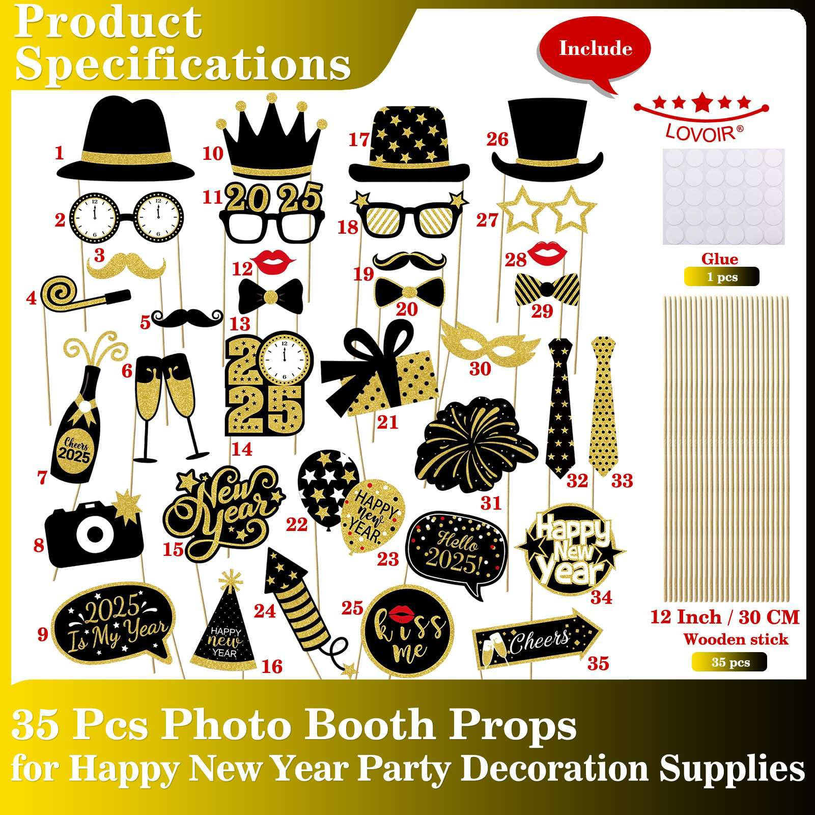 GetUSCart- 2025 New Year Photo Booth Props Kit, 35 Pcs Black Gold ...