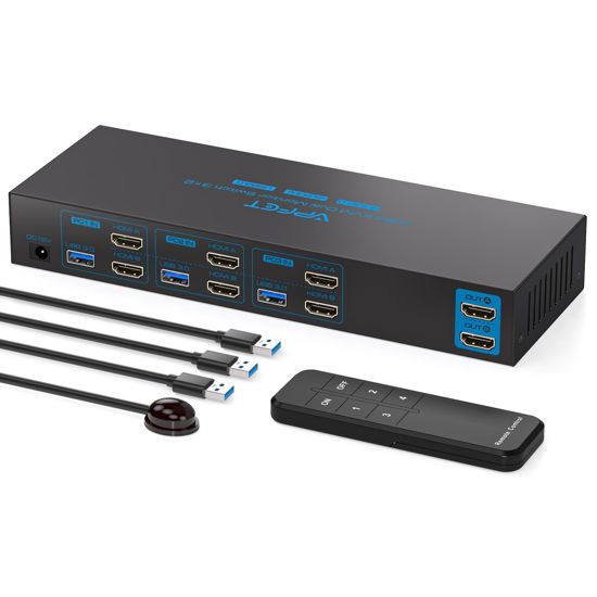 GetUSCart- HDMI KVM Switch 2 Monitors 3 Computers EDID 4K@60Hz USB 3.0 ...