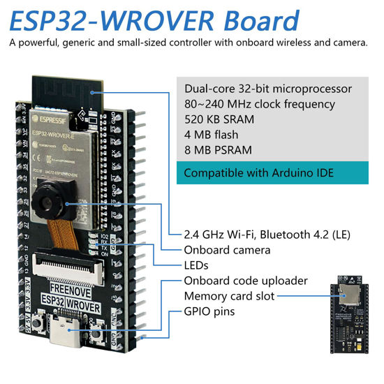 Getuscart Freenove Esp32 Wrover Cam Board Dual Core 32 Bit 240 Mhz Microcontroller Onboard