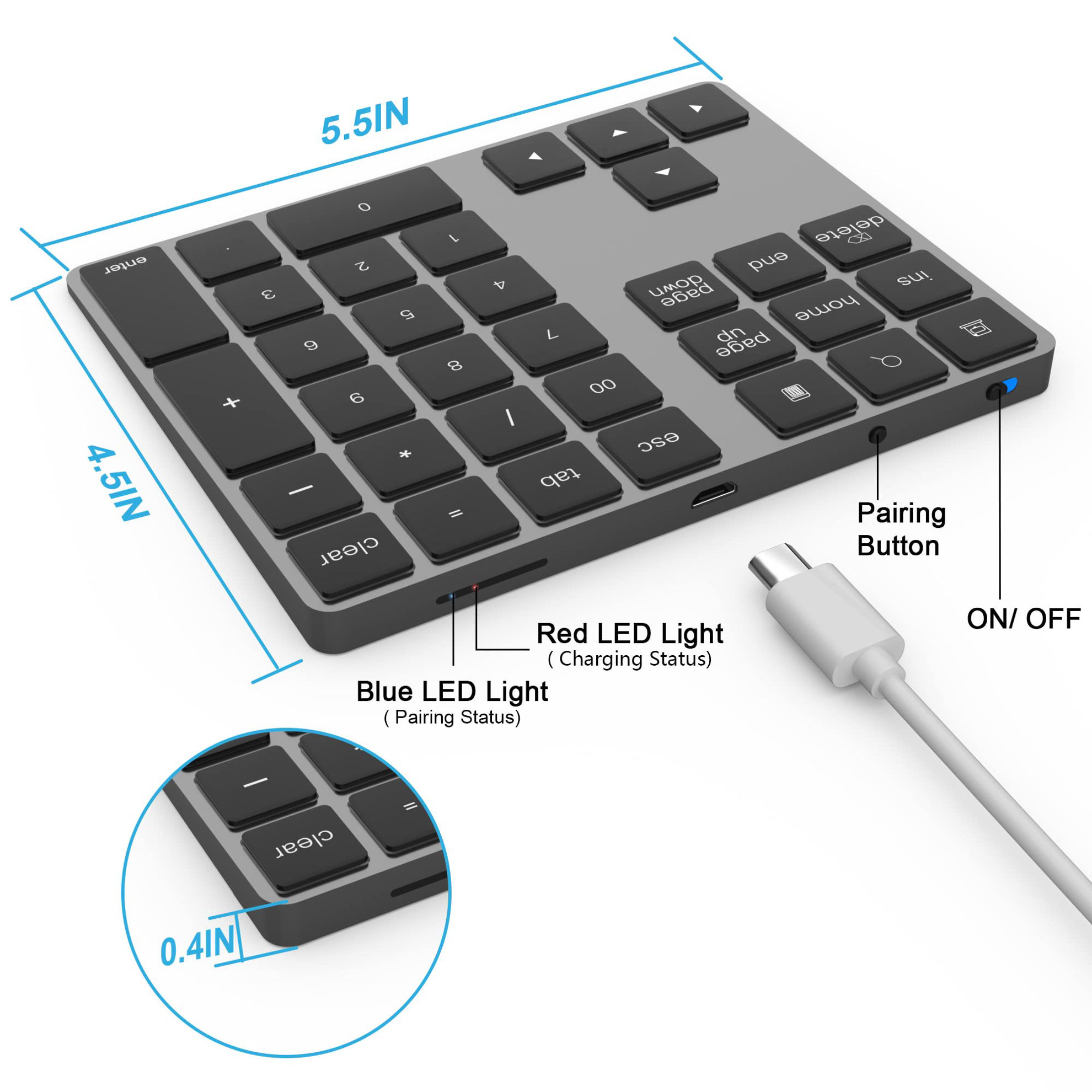 GetUSCart- Yeemie Bluetooth Number Pad 34 Keys, Slim Bluetooth Numeric Keypad Wireless Numpad ...