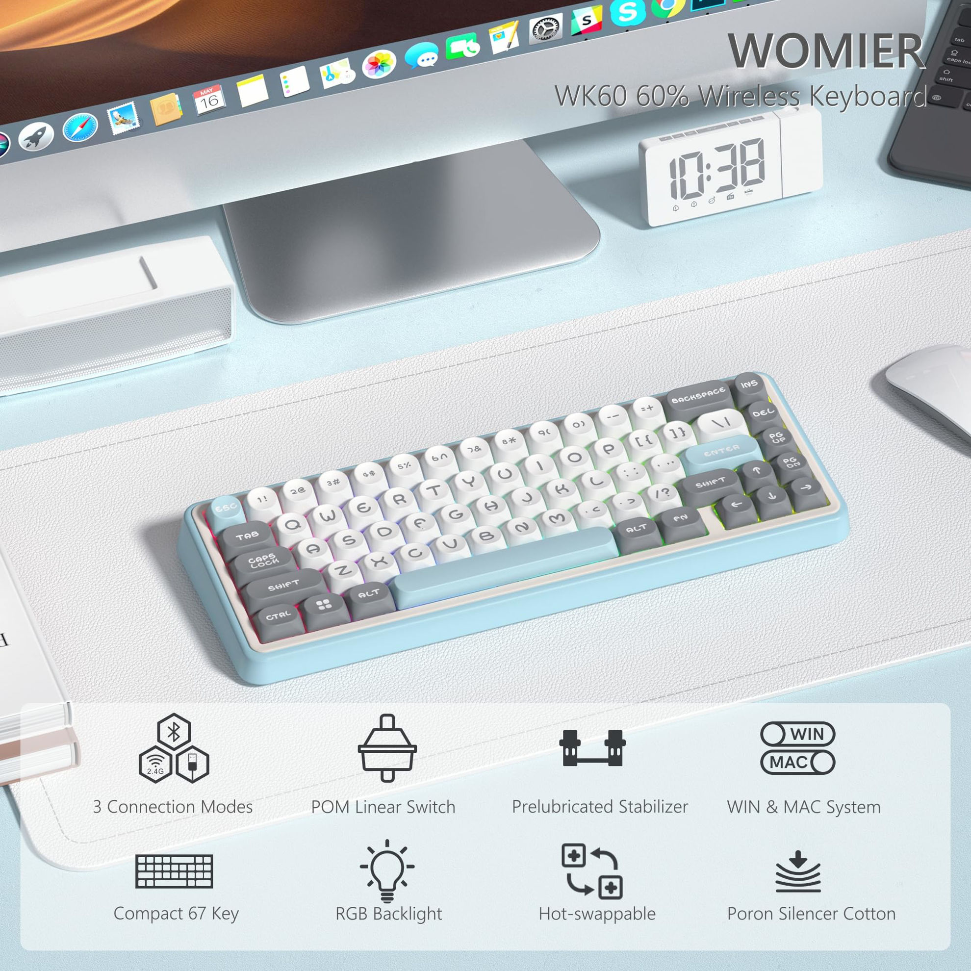 GetUSCart- Womier WK60 60% Keyboard Wireless, Mechanical Gaming ...