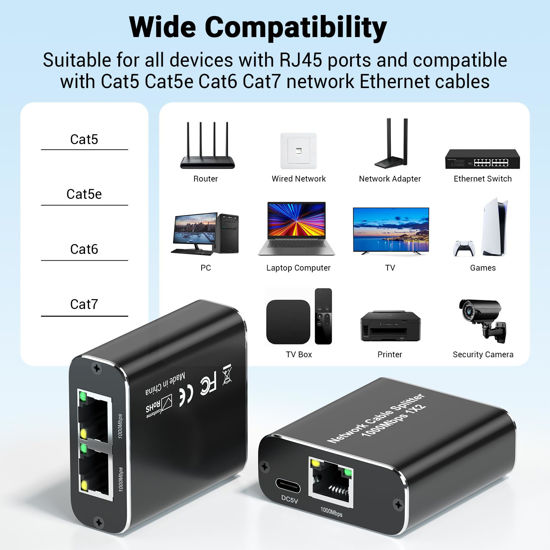 GetUSCart- Ethernet Splitter 1 x 2 High-Speed 1000Mbps, RJ45 Gigabit Splitter 1 in 2 Out ...