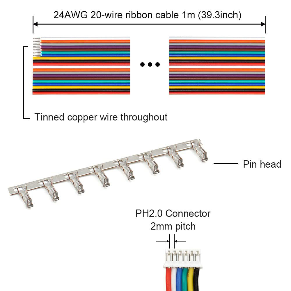 GetUSCart- JST PH 2.0 Connectors Pin Header and Ribbon Cable Wire Kit 2.0mm Pitch JST PH - 2/3/4 ...