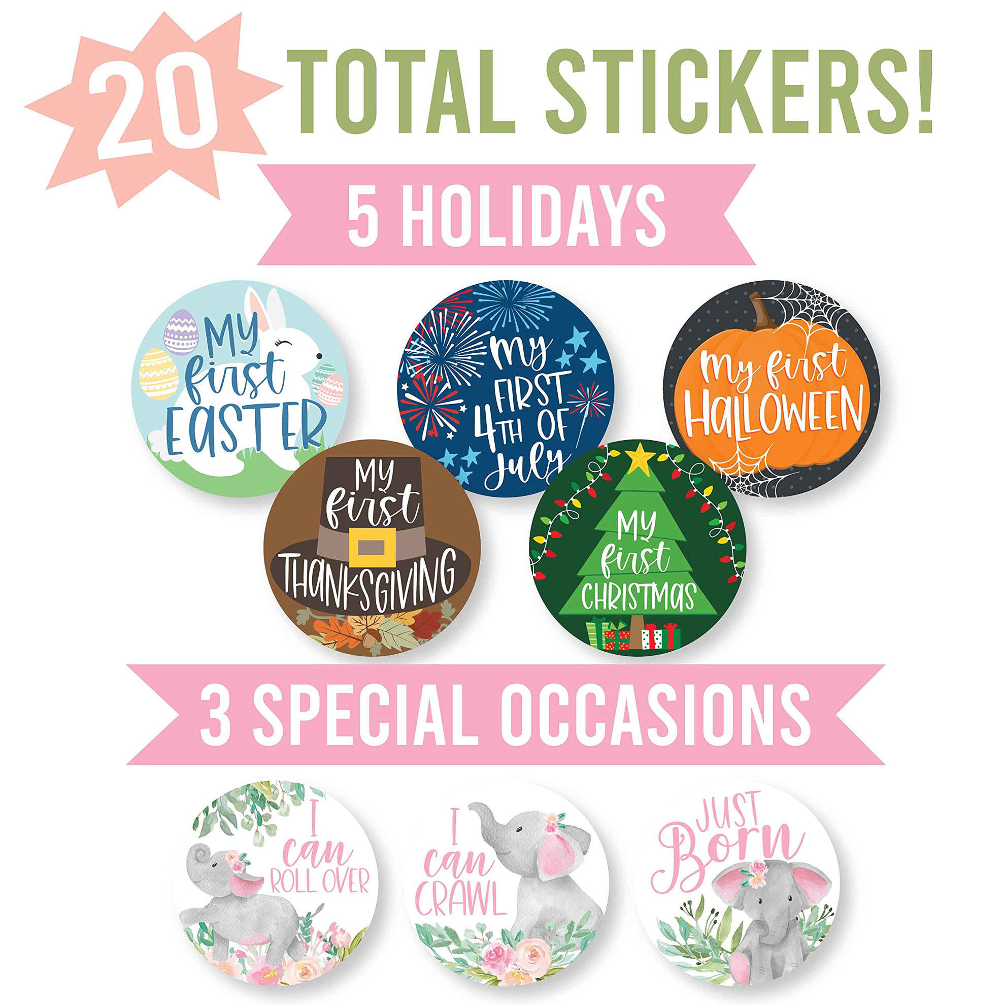 GetUSCart- 20 Monthly Baby Milestone Stickers Girl - Elephant Baby ...