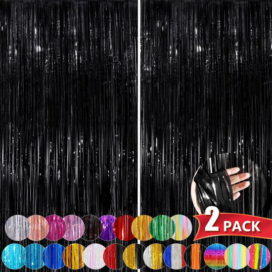 GetUSCart- Black Metallic Tinsel Foil Fringe Curtains, 2 Pack 3.3x8.3 ...
