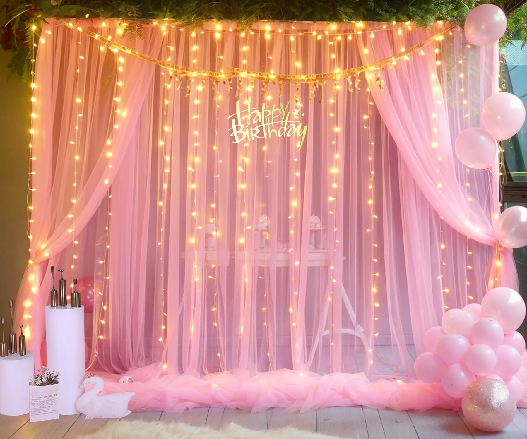 GetUSCart- Pink Tulle Backdrop Curtains with Lights String for Parites ...