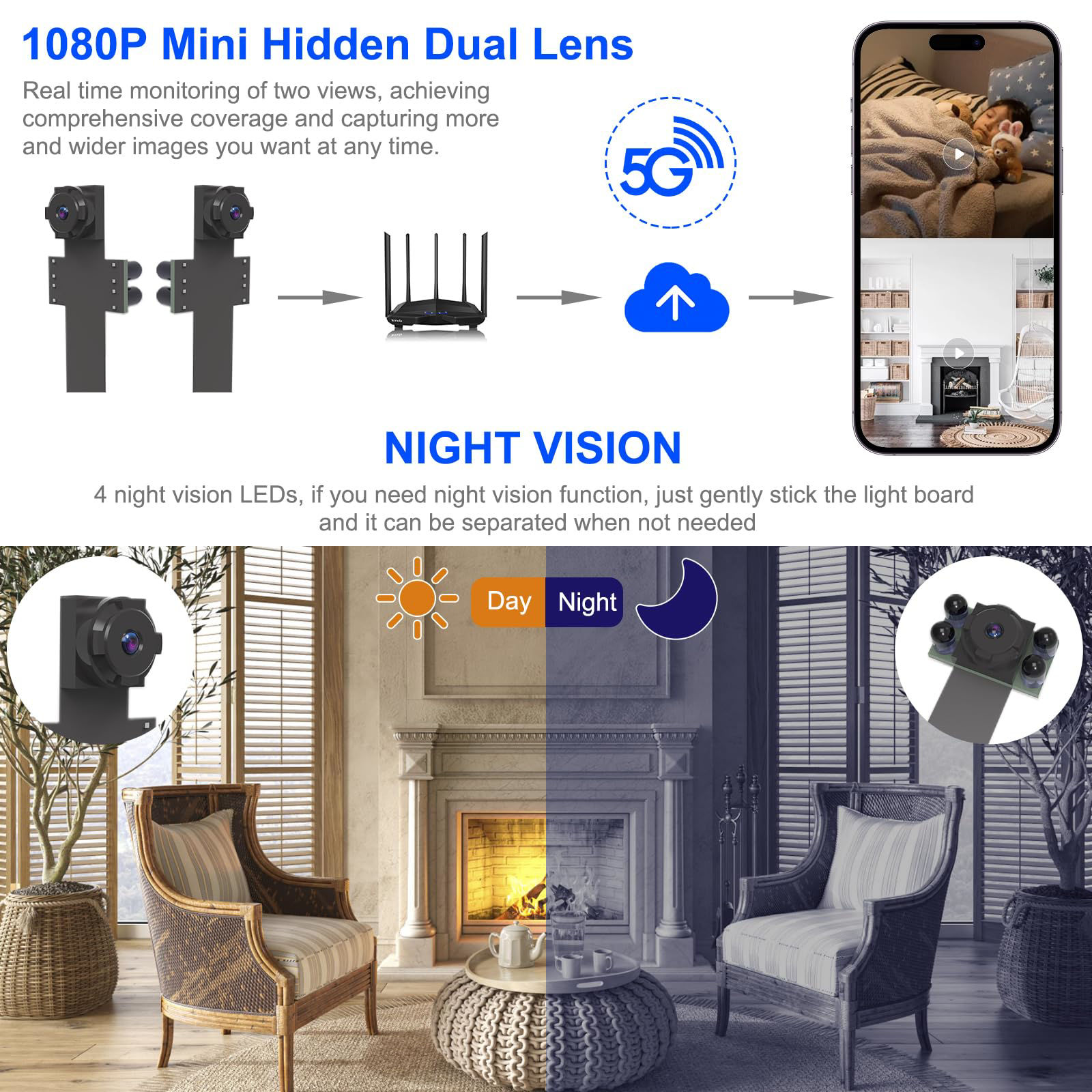 GetUSCart- Spy Camera WiFi Mini Hidden Camera 1080P Dual Lens DIY ...