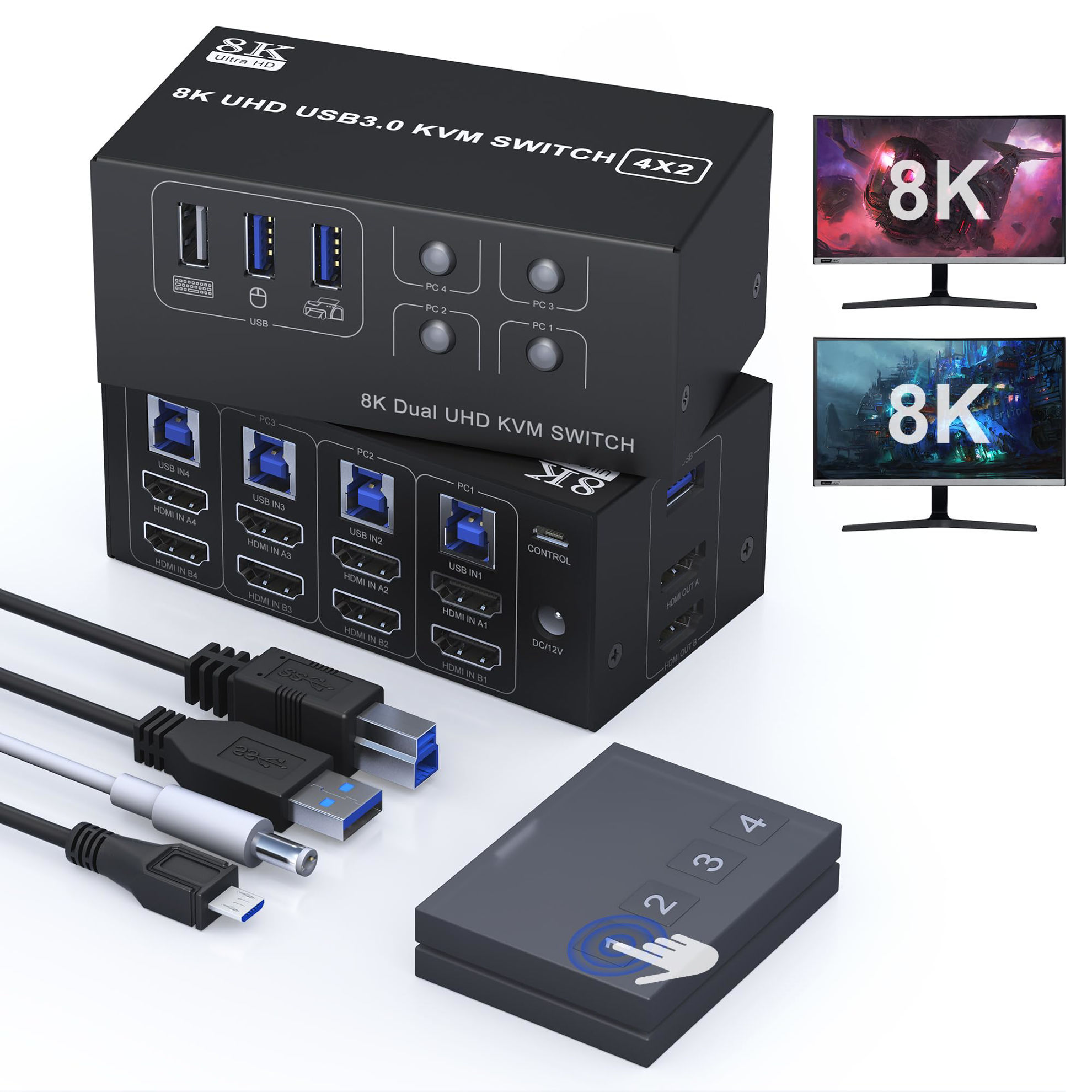 GetUSCart- 8K HDMI KVM Switch 2 Monitors 4 Computers Dual Monitor ...