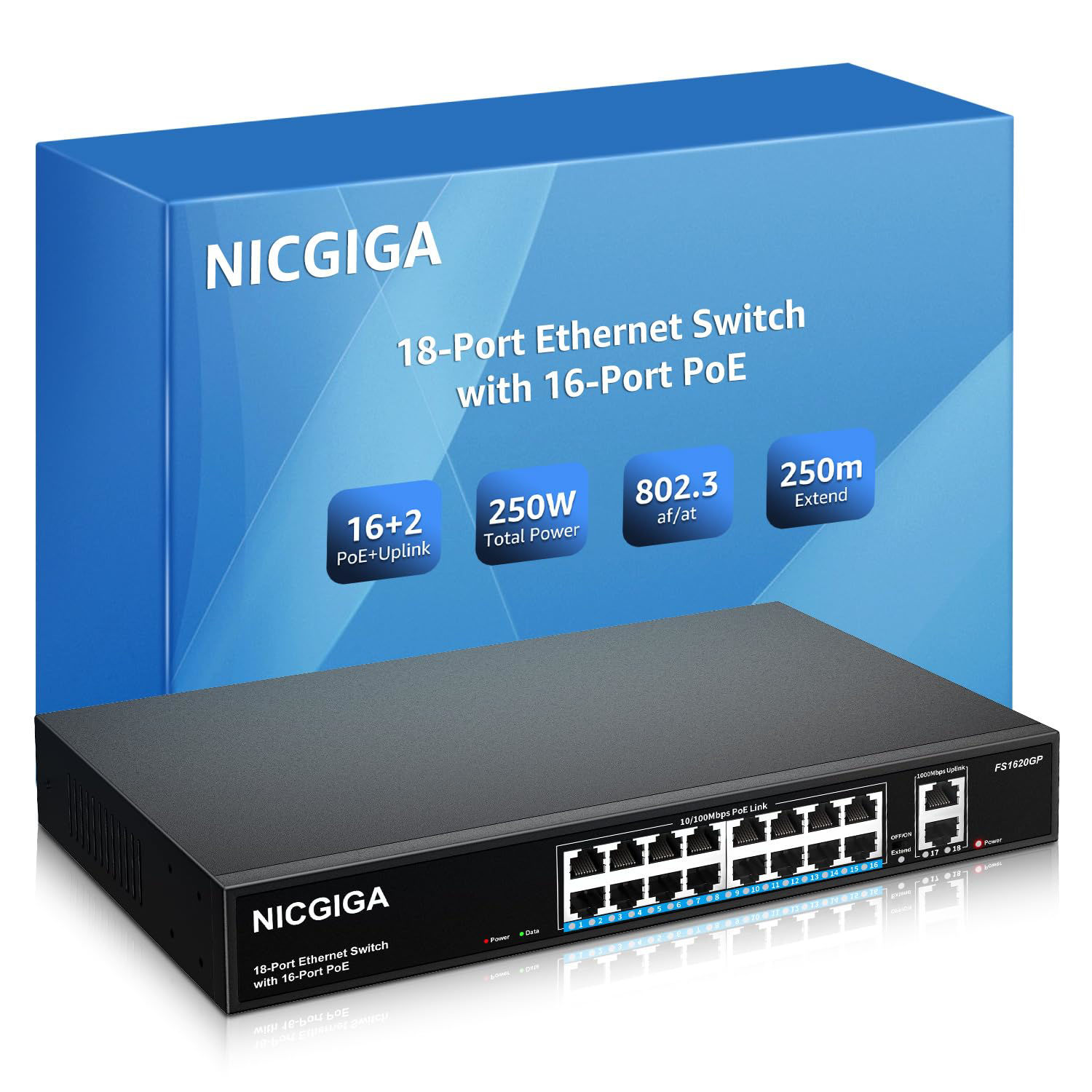 GetUSCart- 16 Port PoE Switch@250W with 2 Gigabit Uplink Port, NICGIGA 18 Port Ethernet PoE ...