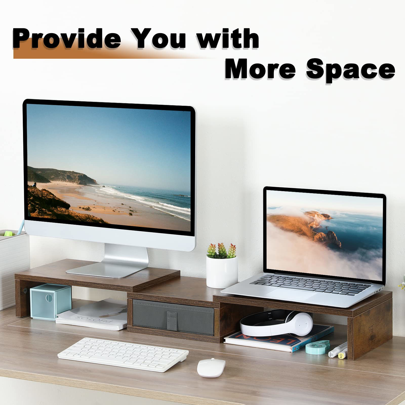 GetUSCart- MARTY Dual Monitor Stand Riser with Drawer for Desk Length ...