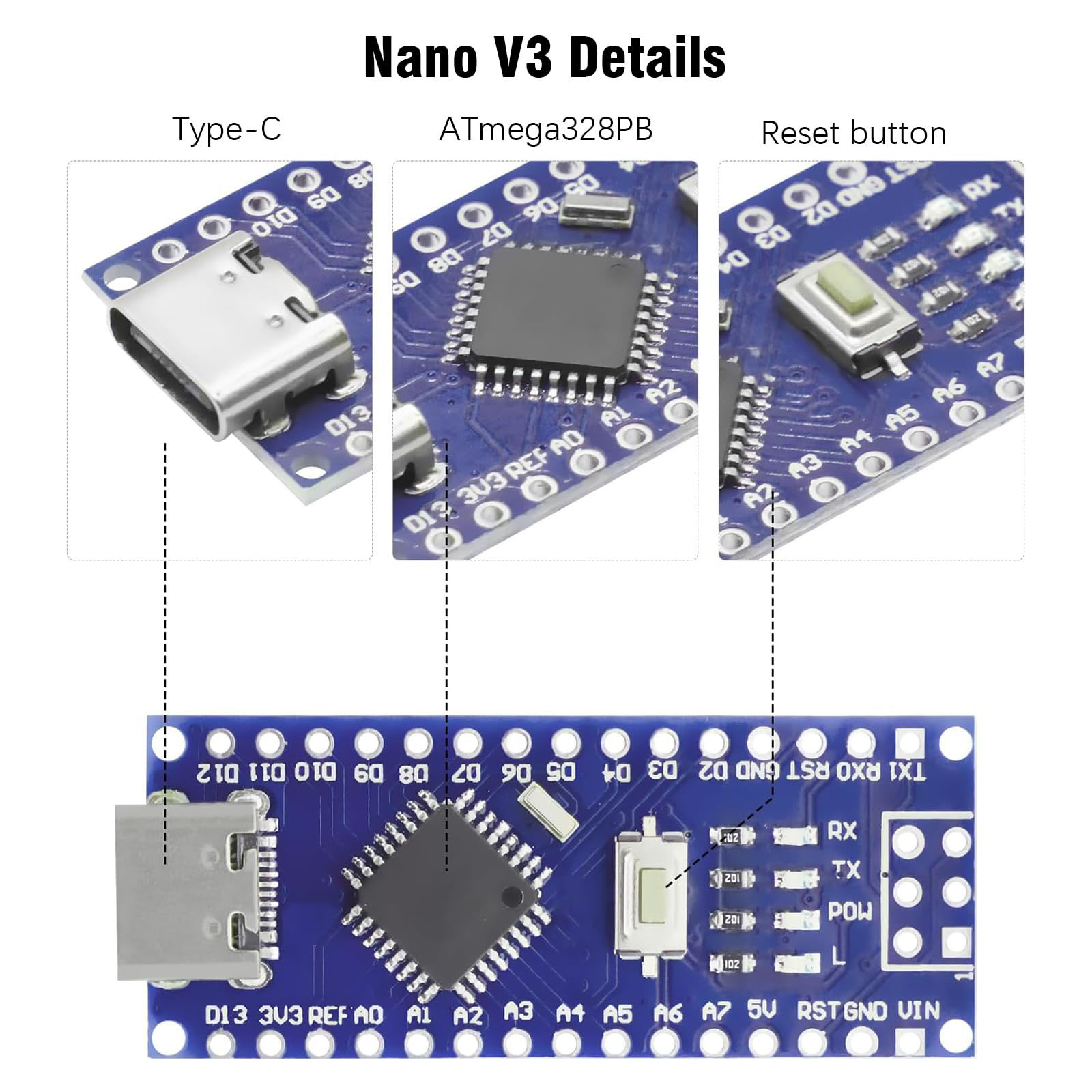 GetUSCart- Nano V3.0 Board with Cable, AYWHP 5PCS Nano Board ATmega328P ...