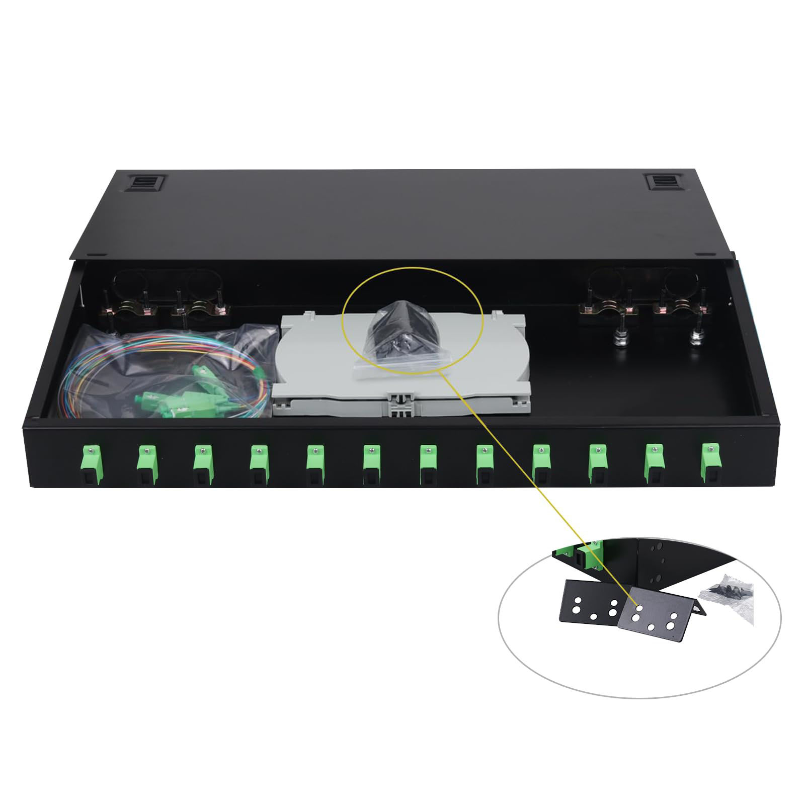 GetUSCart- FYBOPTWU-12 Singlemode 12 Port SC-APC Rack Mount Enclosure Box & Splice Trays Fiber ...