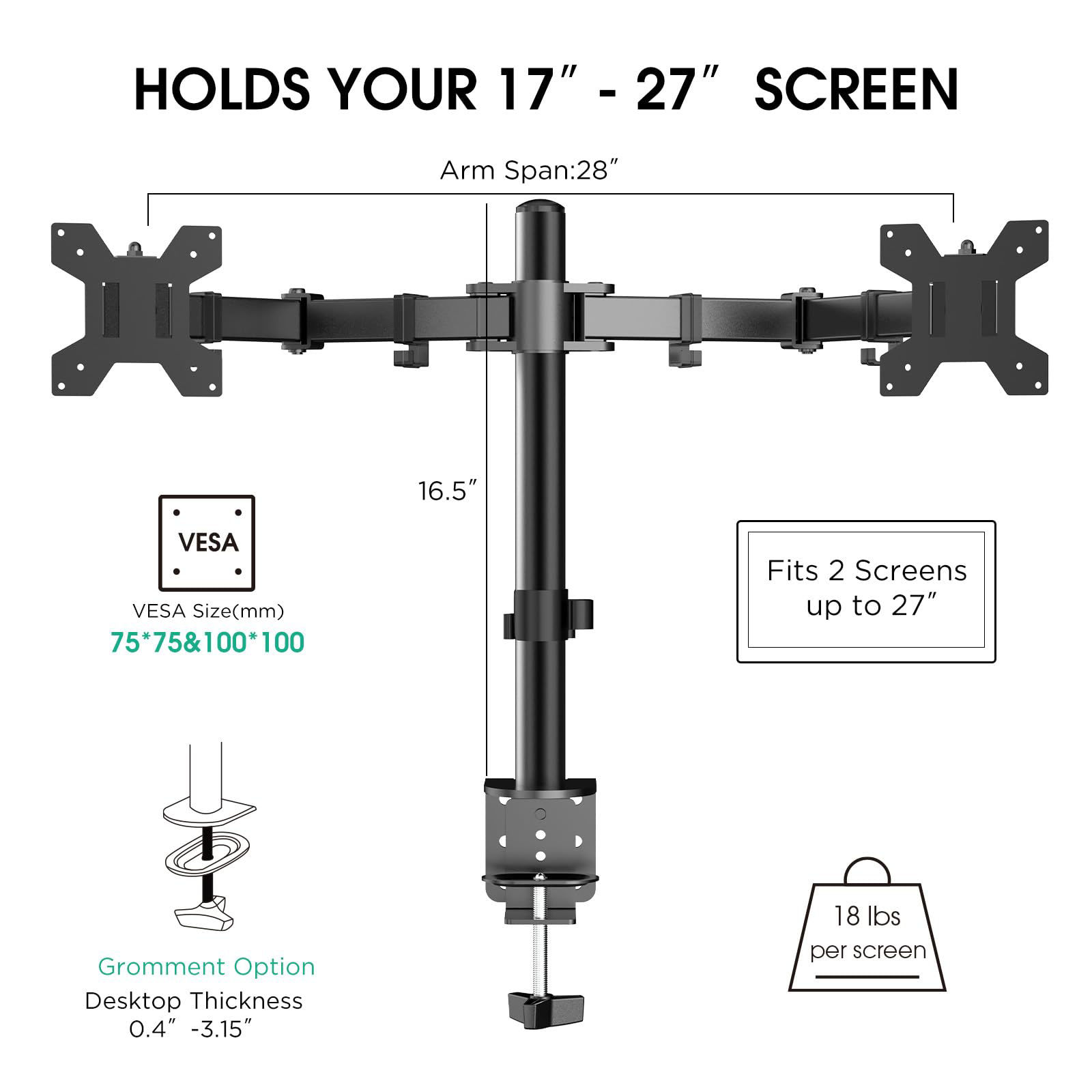 GetUSCart- Dual Monitor Desk Mount, Dual Monitor Arm for 17-27 Inch 2 ...
