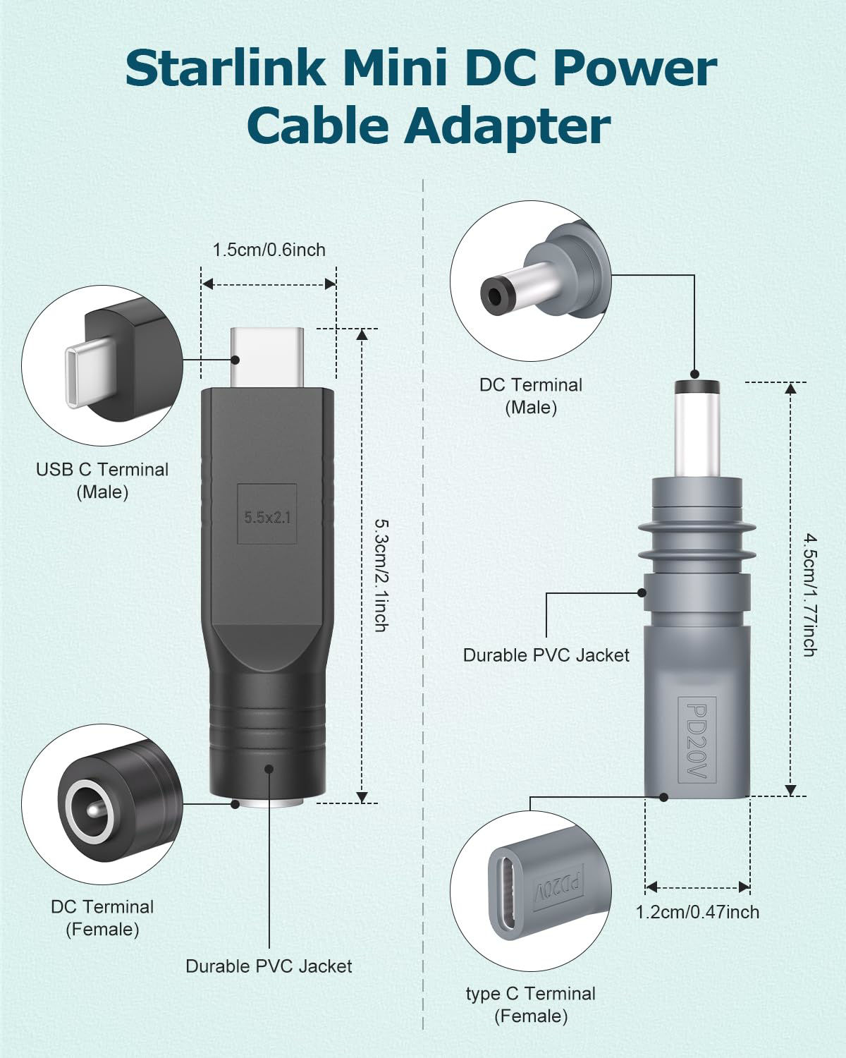 GetUSCart- Starlink Mini DC Power Cable Adapter 2 Pack Female DC to USB ...