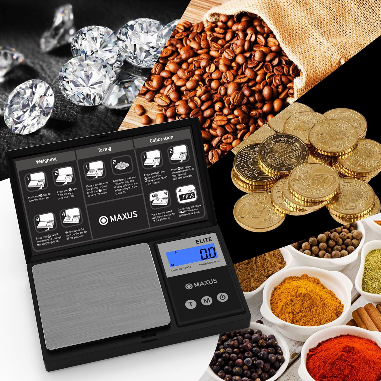 GetUSCart- MAXUS Digital Gram Scale 1000g/0.1g, Small Food Scale with ...