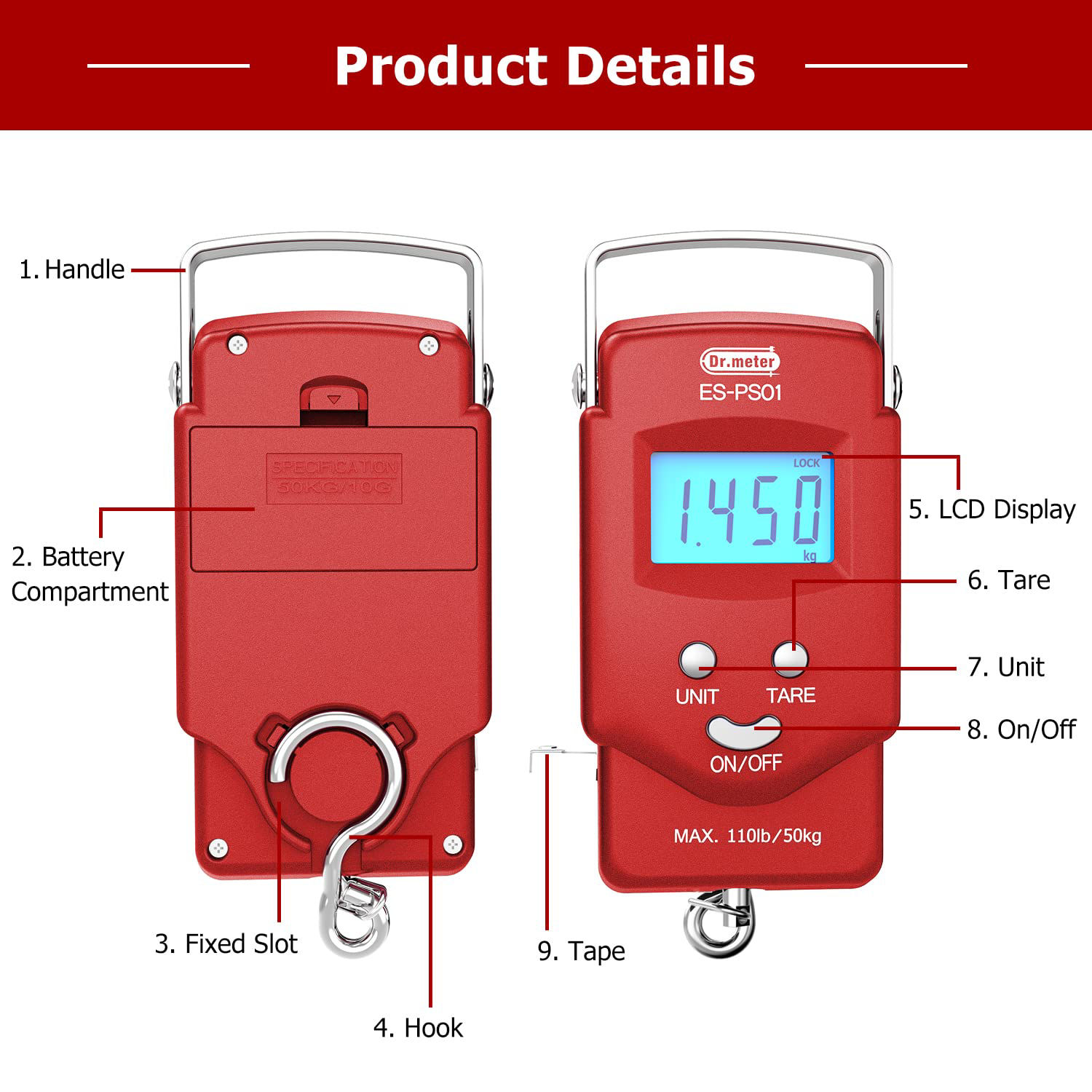 GetUSCart- Dr.meter Fish Scale: PS01 110lb/50kg Backlit LCD Display ...