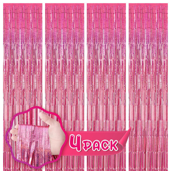 GetUSCart- 4 Pack Foil Fringe Backdrop Curtains - Laser Pink Tinsel ...