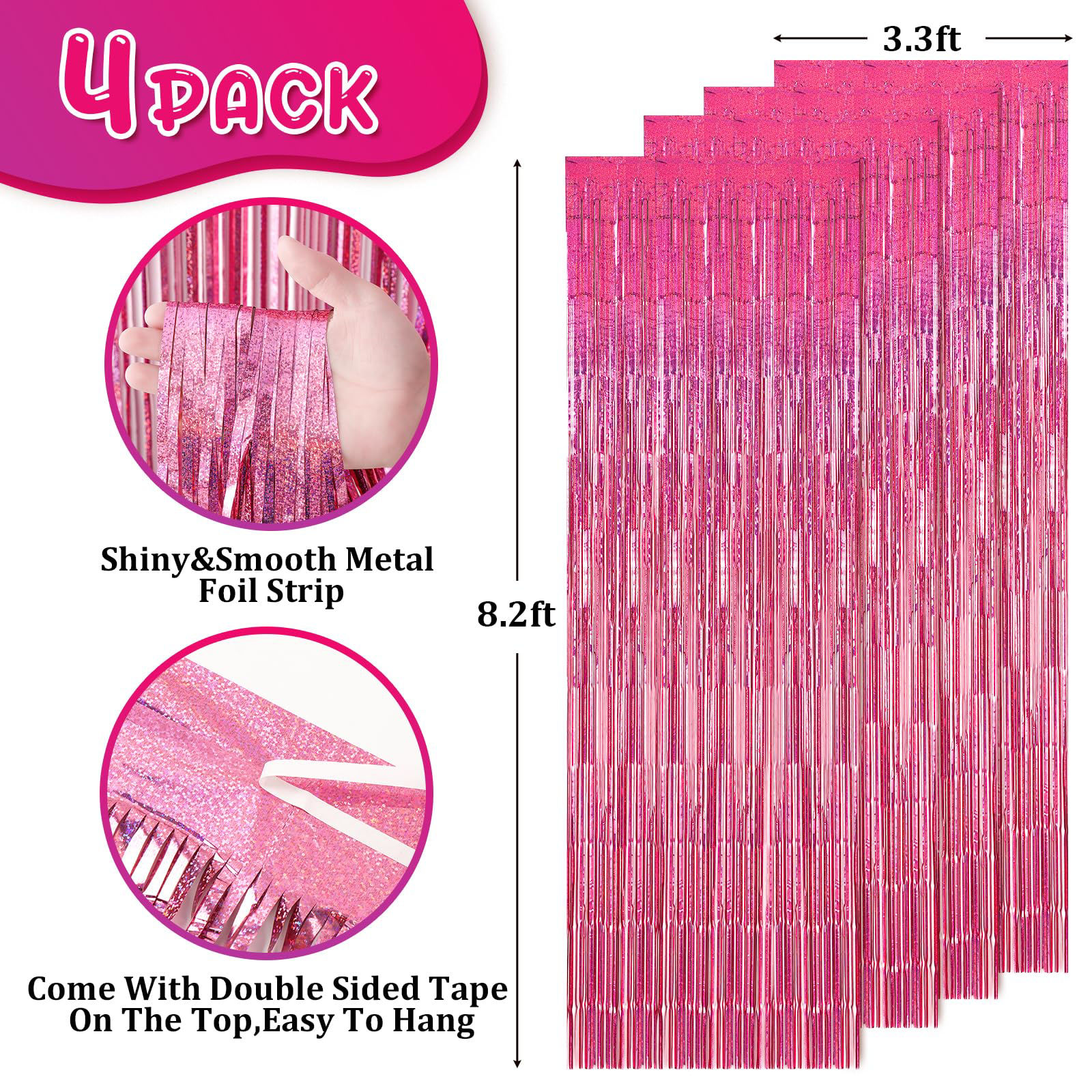 GetUSCart- 4 Pack Foil Fringe Backdrop Curtains - Laser Pink Tinsel ...