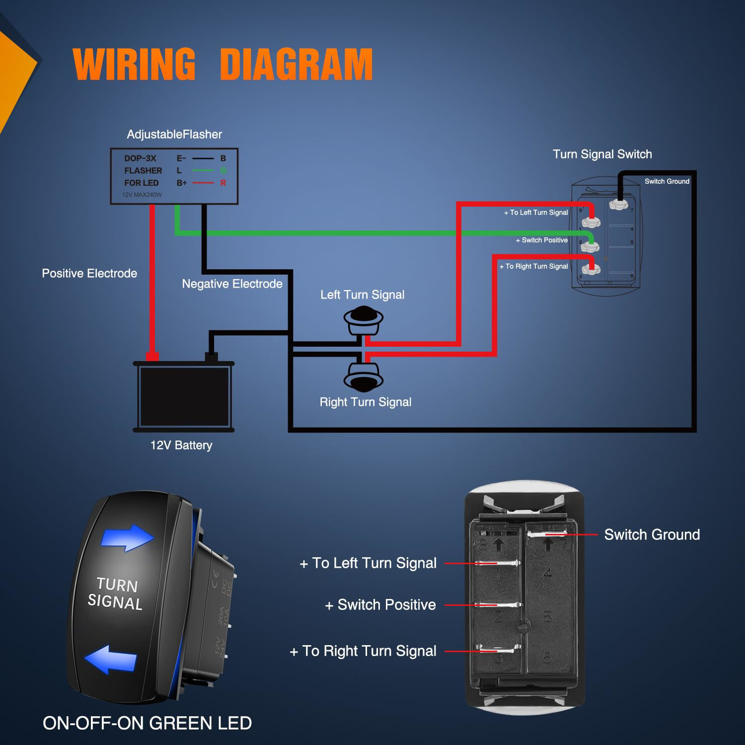 GetUSCart- Nilight Turn Signal Switch with Flasher Relay Kit 4PIN ON Off ON Rocker Switch w/Blue ...
