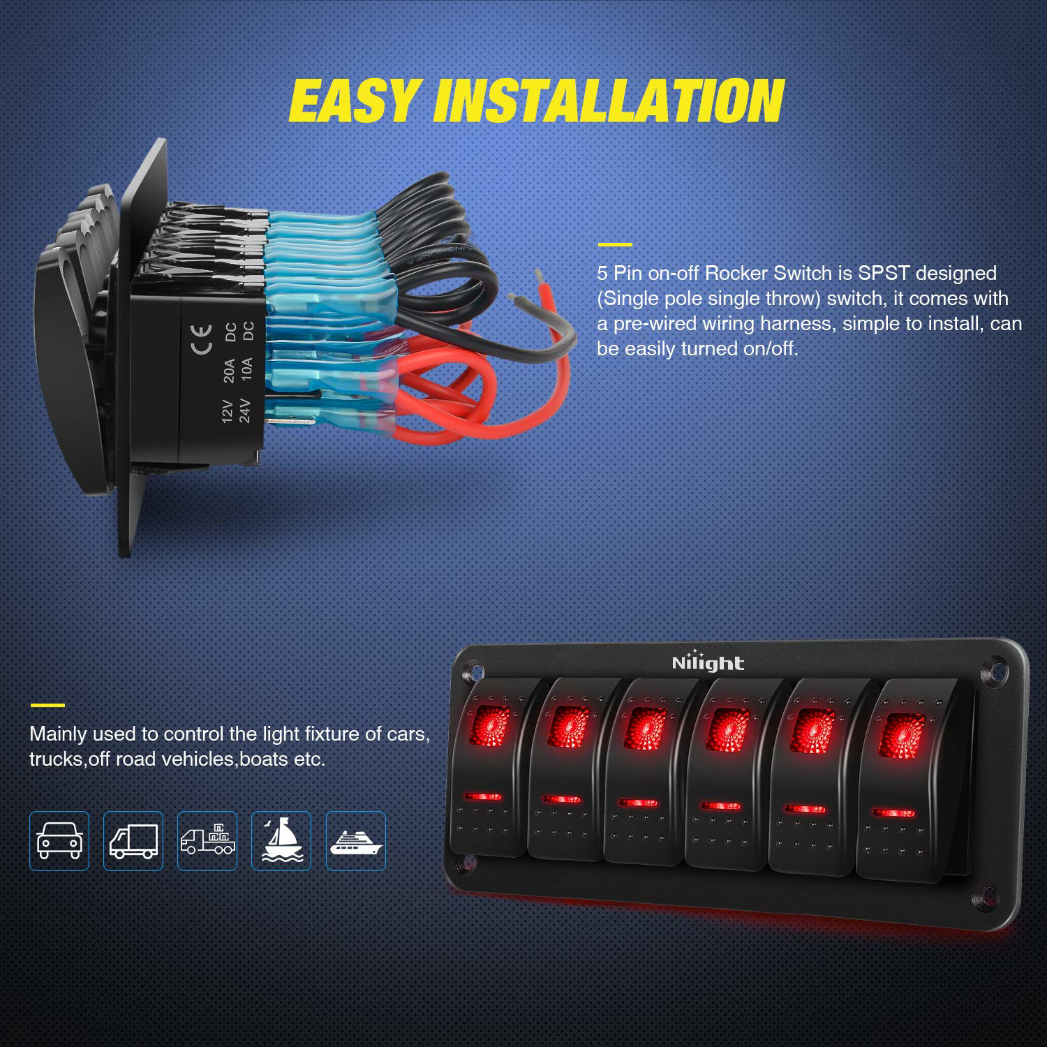 GetUSCart- Nilight 6 Gang Rocker Switch Panel 5Pin On Off Toggle Switch ...