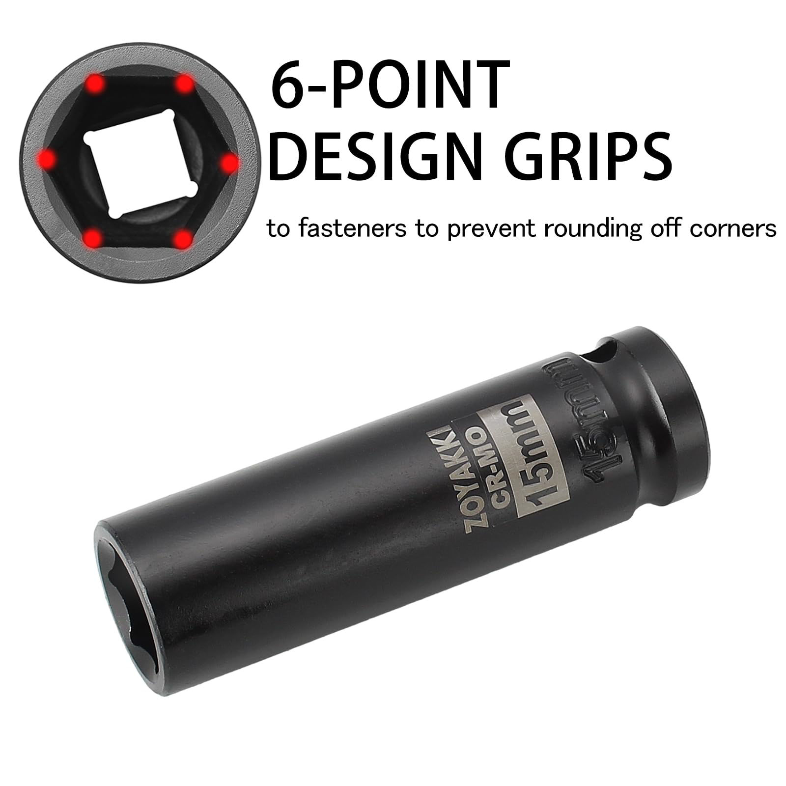GetUSCart- ZOYAKKI 1/2" Drive x 15 mm Deep 6 PT Impact Socket, CR-MO, 1 ...