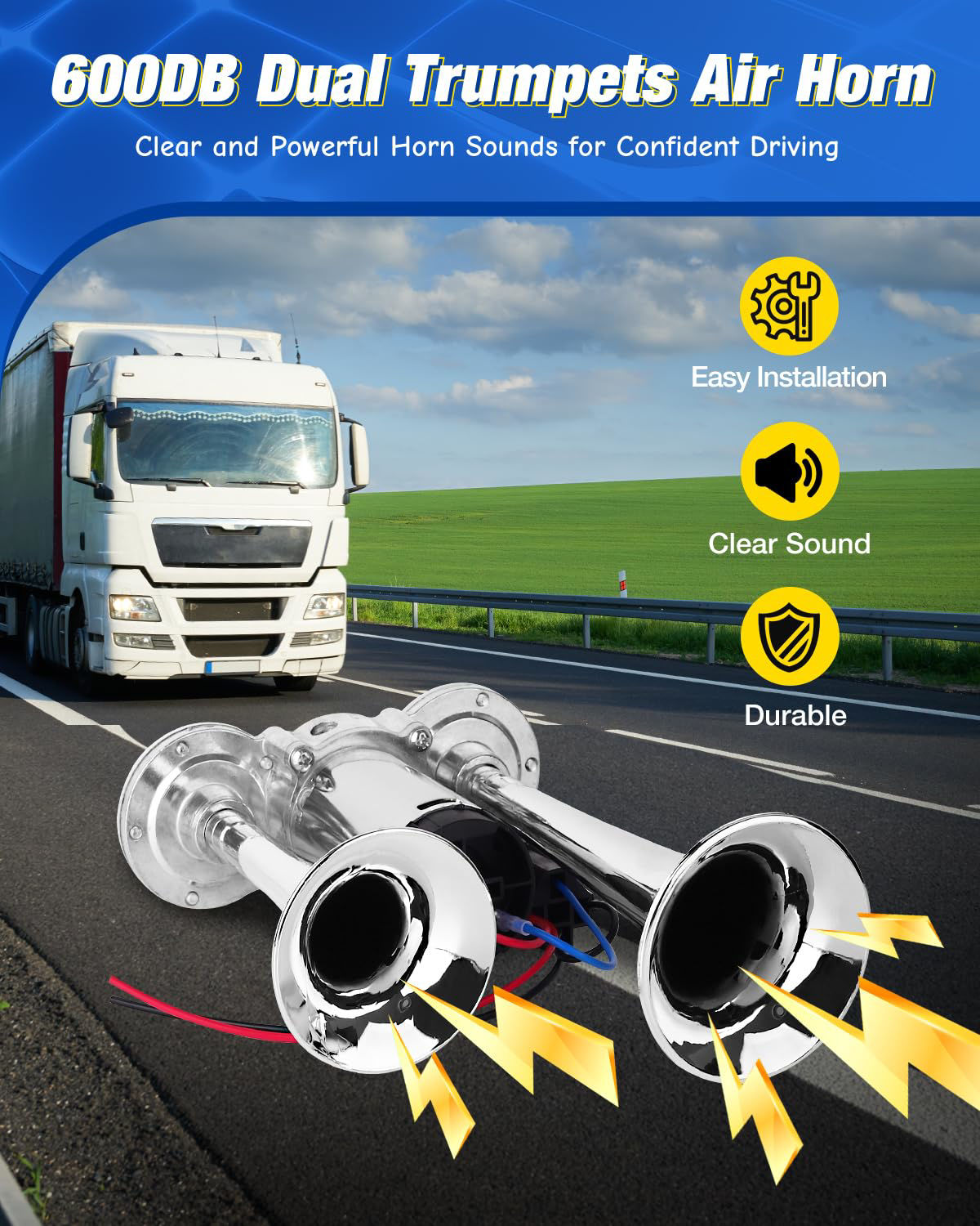 GetUSCart- Animgrth Upgraded 12V 600DB Air Horn Dual Trumpets, Super ...