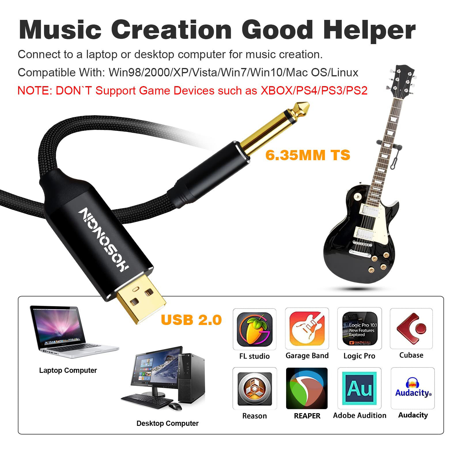 GetUSCart- HOSONGIN USB Guitar Cable, Guitar 1/4 Inch TS to Computer ...