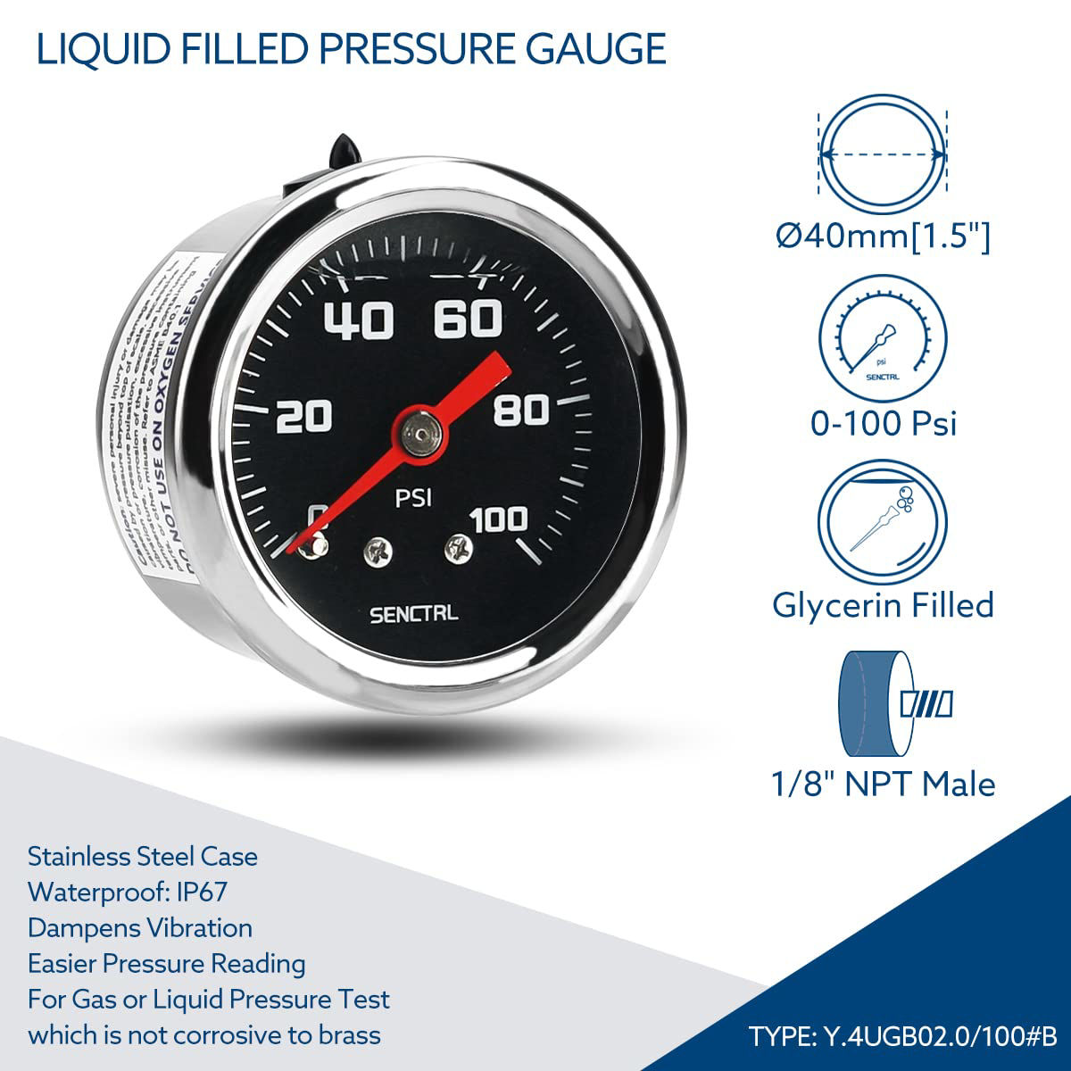GetUSCart- SENCTRL 0-100 Psi Fuel Pressure Gauge, 1-1/2" Black Dial, 1/ ...
