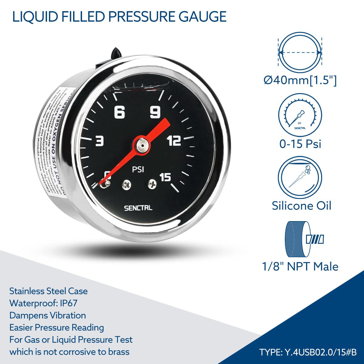 GetUSCart- SENCTRL 0-15 Psi Fuel Pressure Gauge, 1-1/2" Black Dial, 1/8 ...